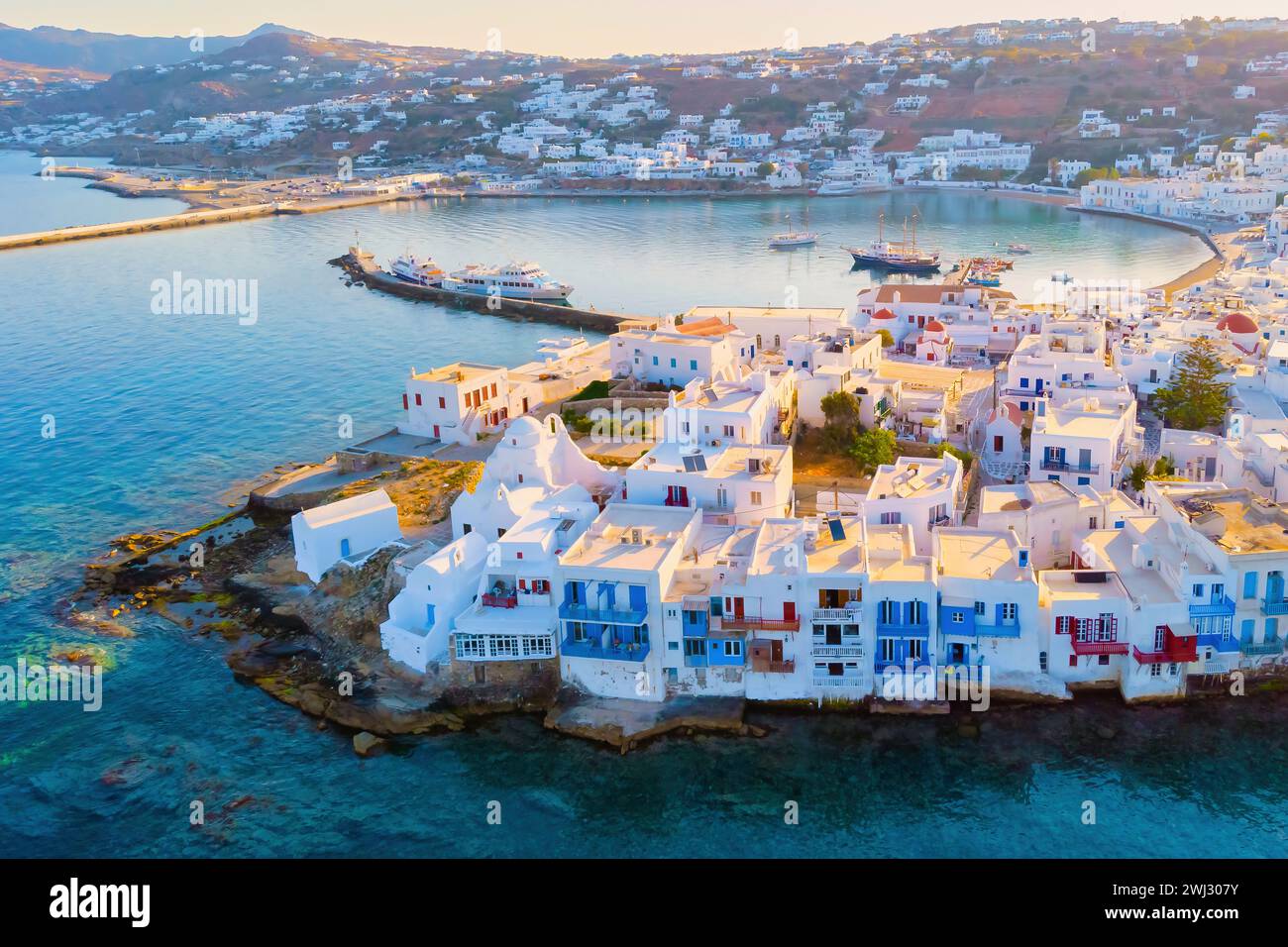 Drone view of Mykonos Greek village in Greece, colorful streets of ...