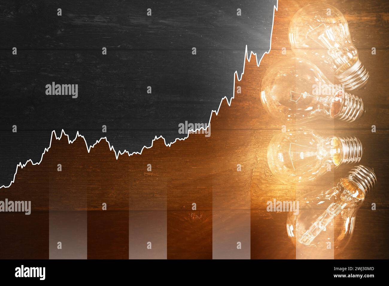 Light bulbs and rising chart representing current electricity price ...
