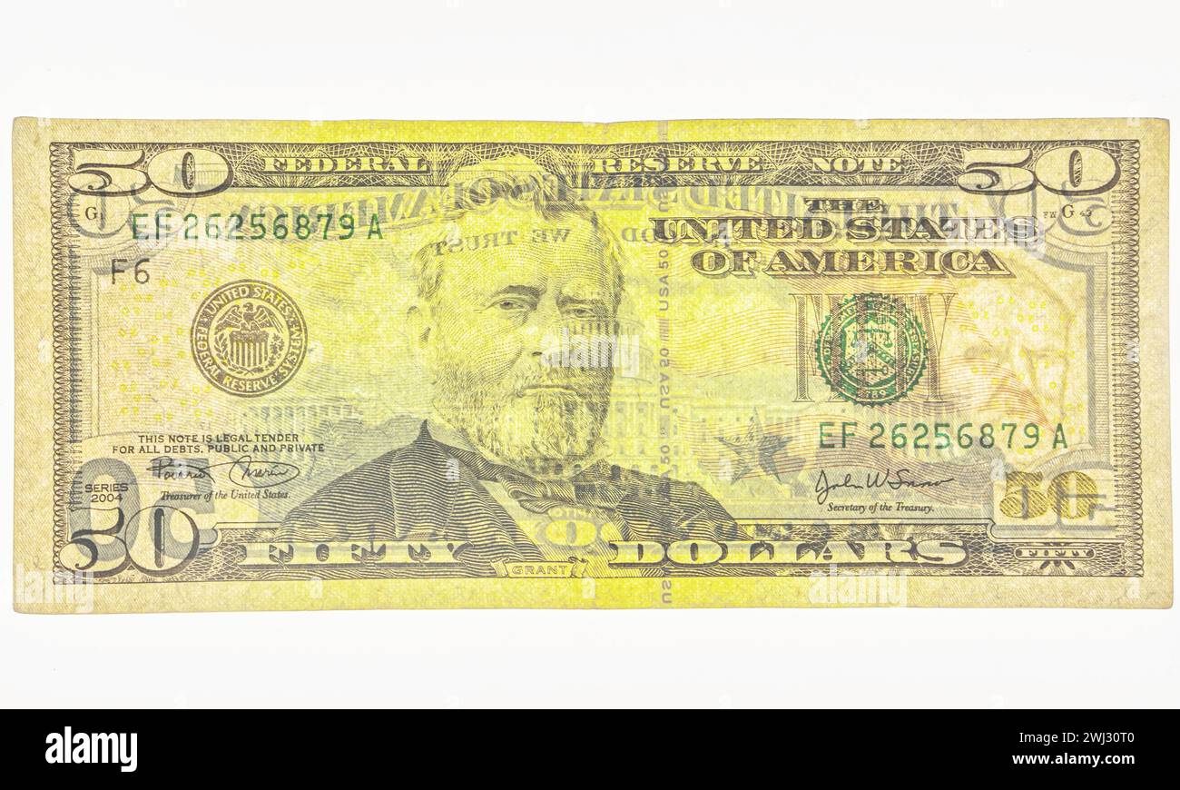 fragment of 50 dollar banknote with visible details of banknote reverse ...