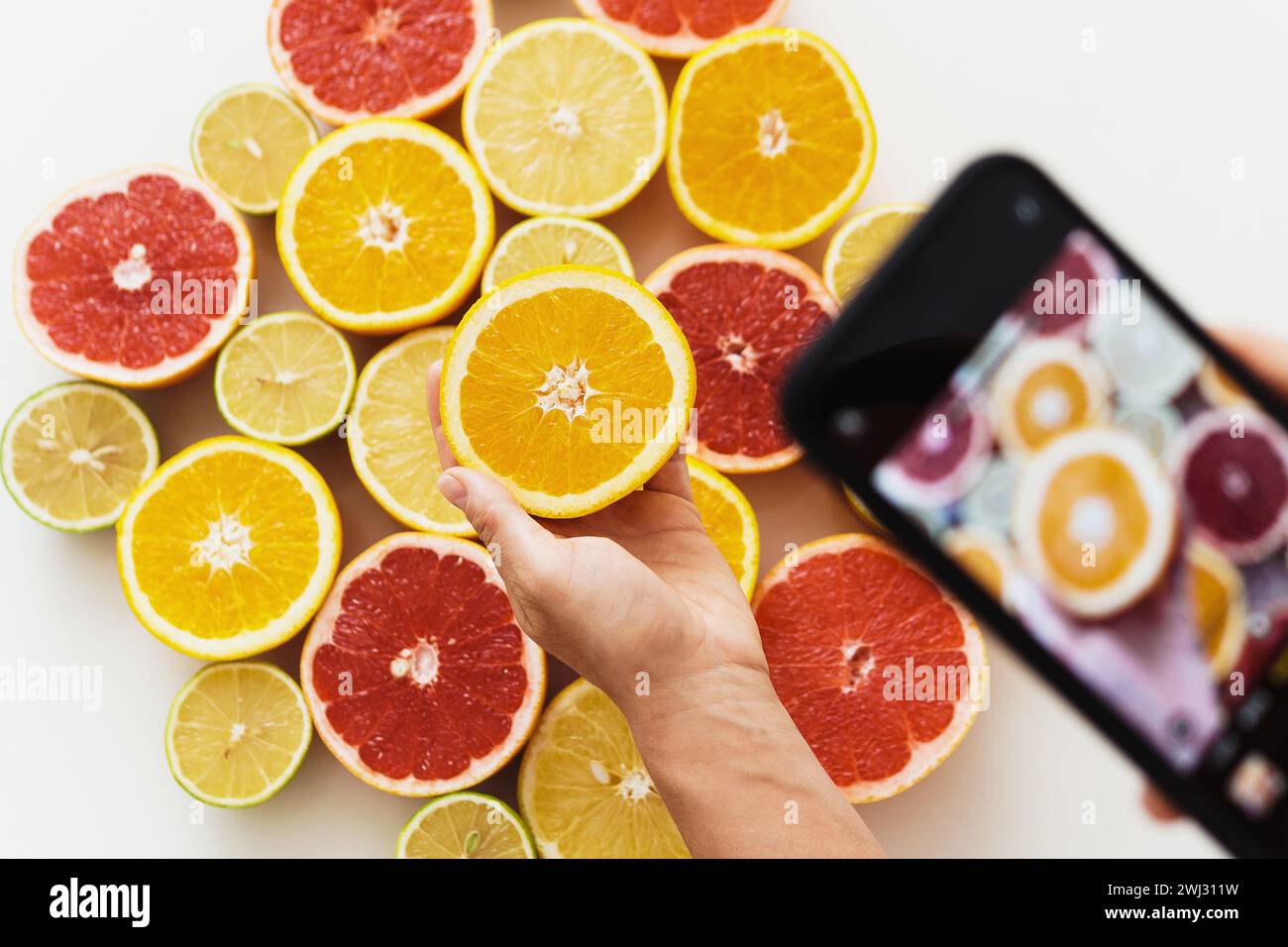 Female hands with smartphone taking photos of different citrus fruits ...