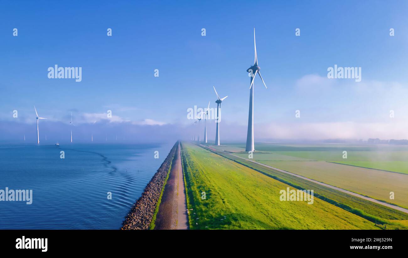 Windmill park with a blue sky on a sunny day in the Netherlands ...
