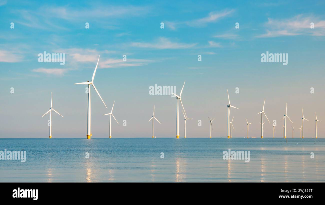 Windmill park with a blue sky on a sunny day in the Netherlands ...