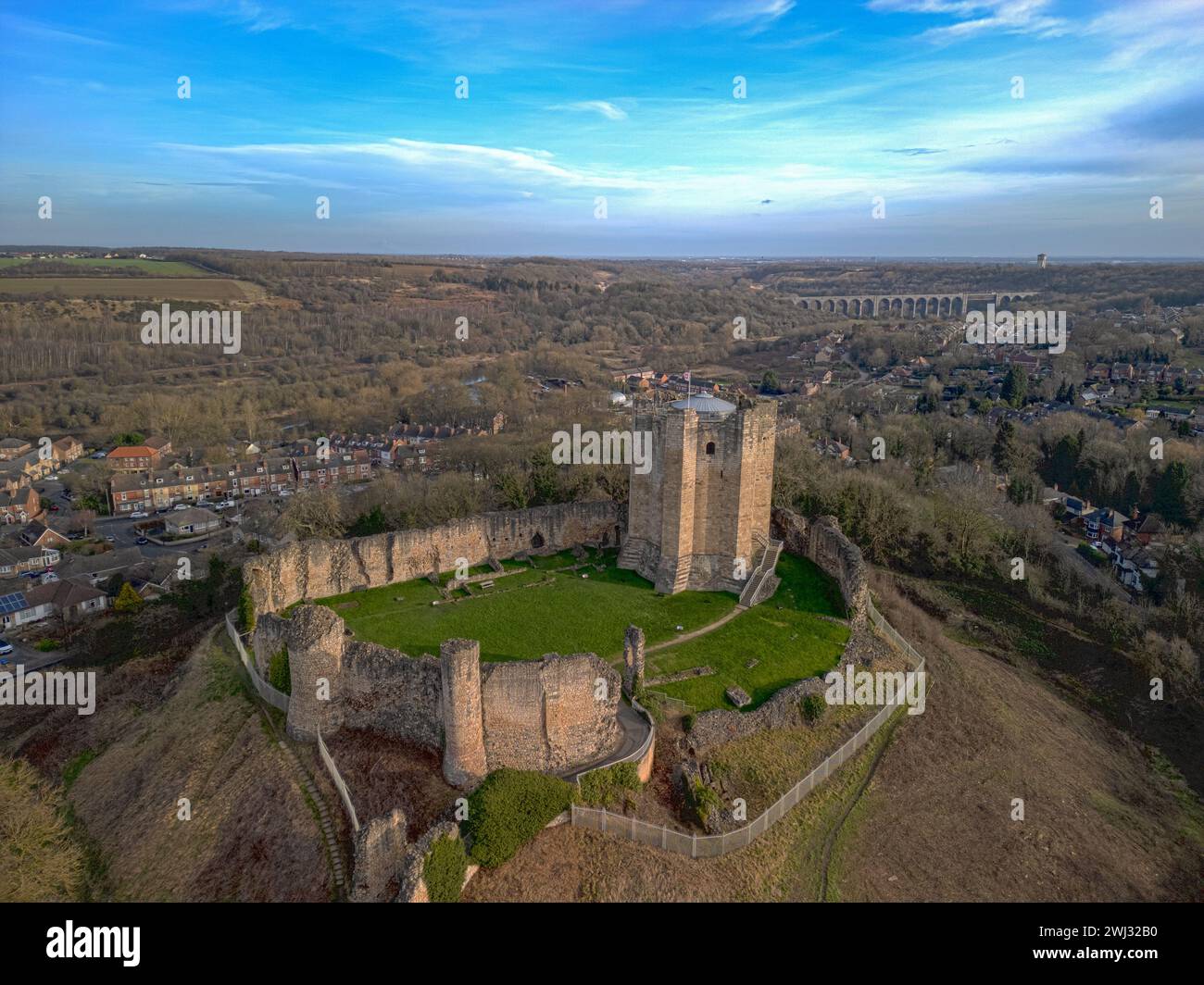 4K HDR Aerial Drone View Showing the Ruins of Conisbrough Castle, a ...