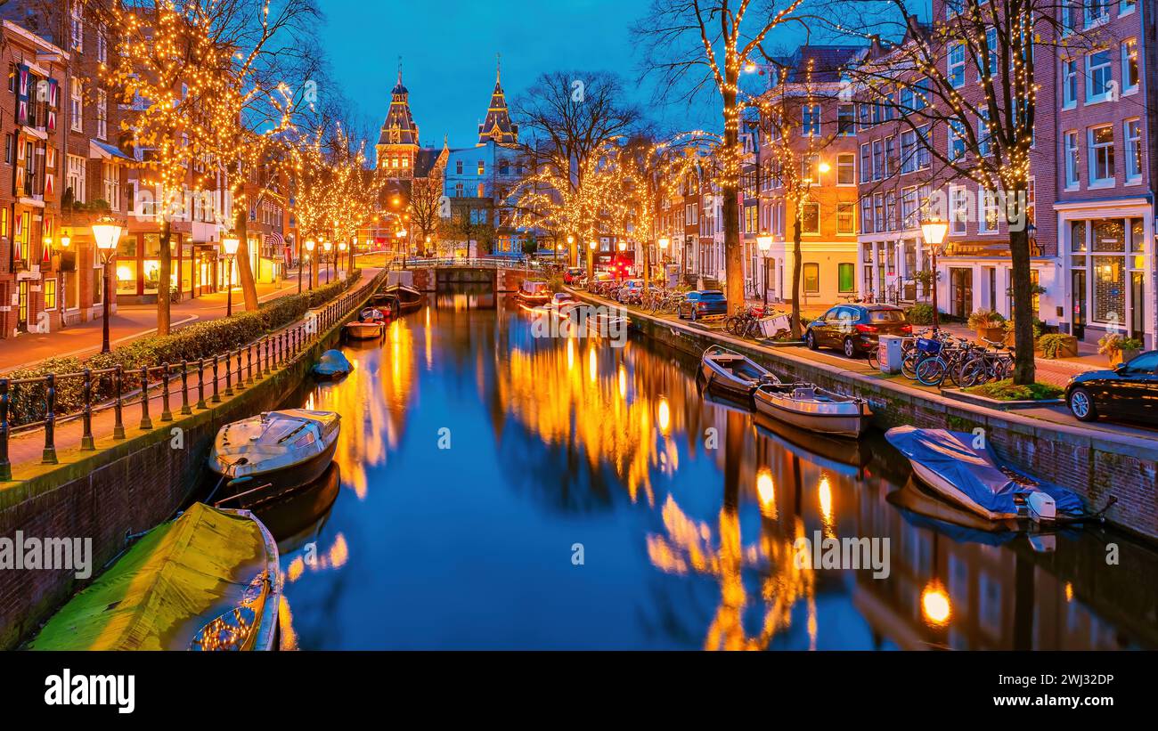 Amsterdam Netherlands canals with christmas lights during Decemb Stock ...