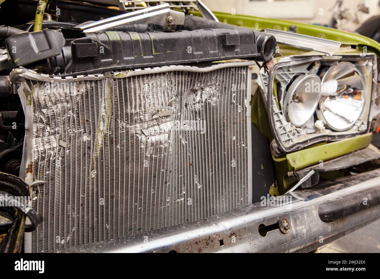 Accident, Car crash collision. Closeup shot of a crashed oldtimer cars ...