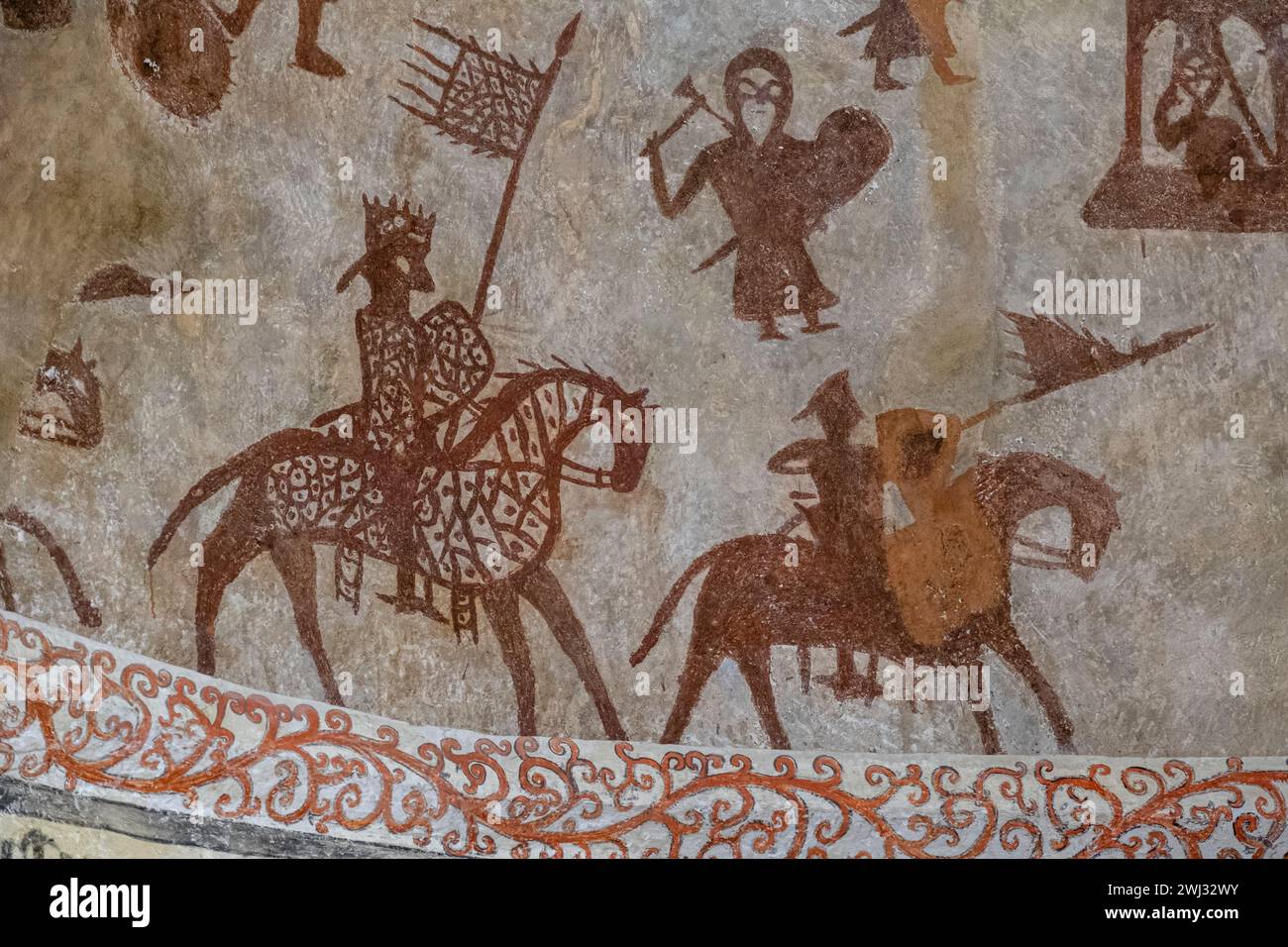 Mural paintings , a king and his vassals attacking a castle , Church of ...