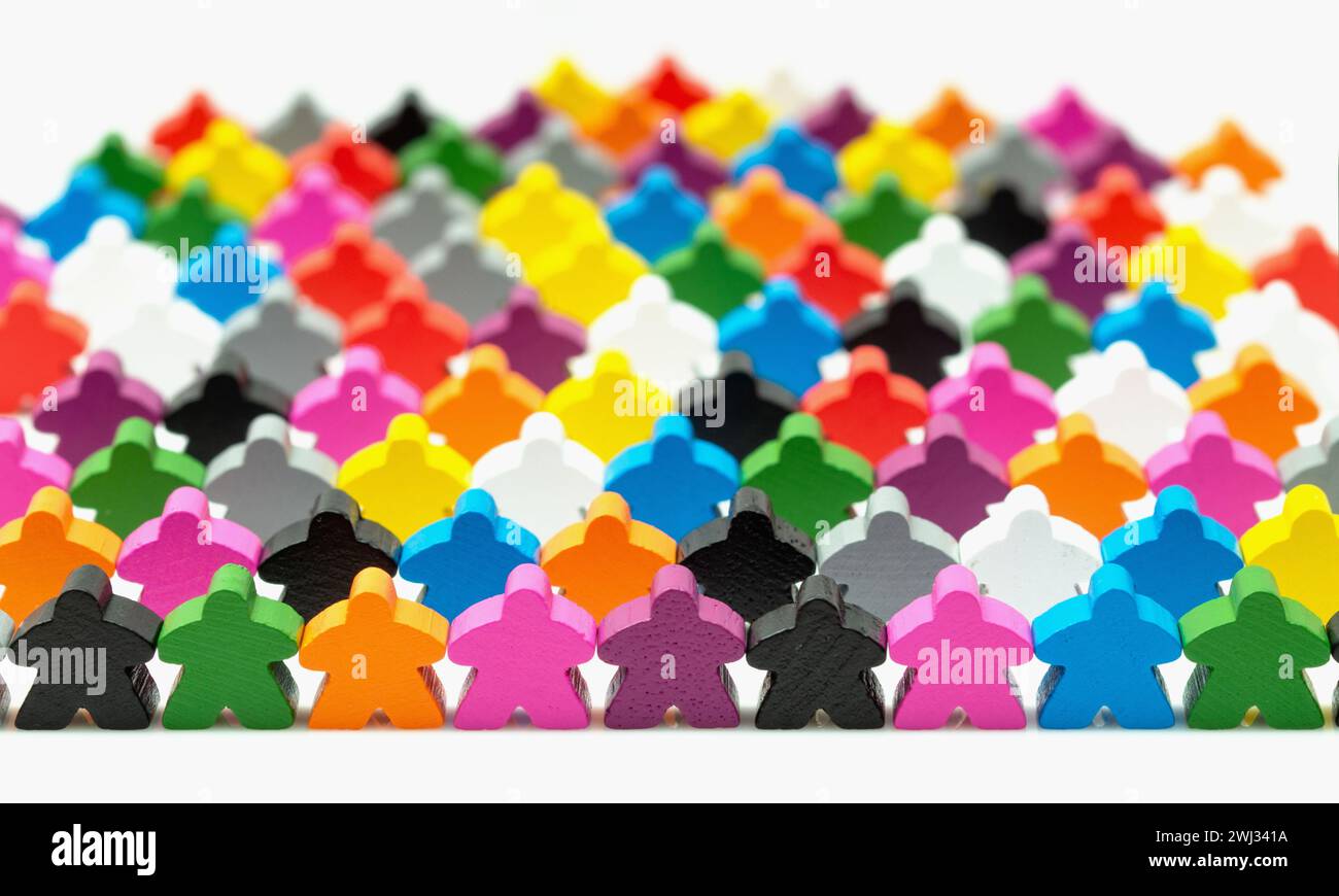 Crowd of color human figures in a shape of arrow, waiting in line ...