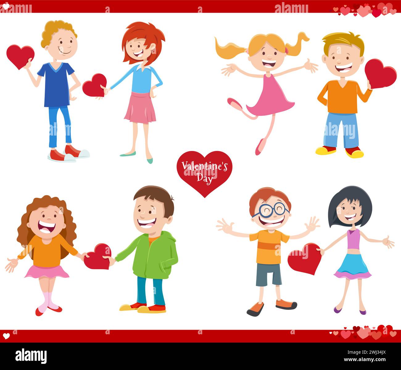 cartoon illustration set with girls and boys in love with Valentines ...
