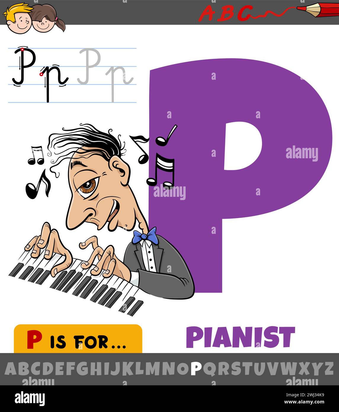 Educational cartoon illustration of letter P from alphabet with pianist ...