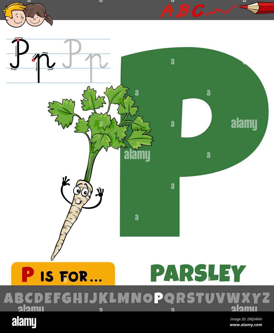 Educational cartoon illustration of letter P from alphabet with parsley ...