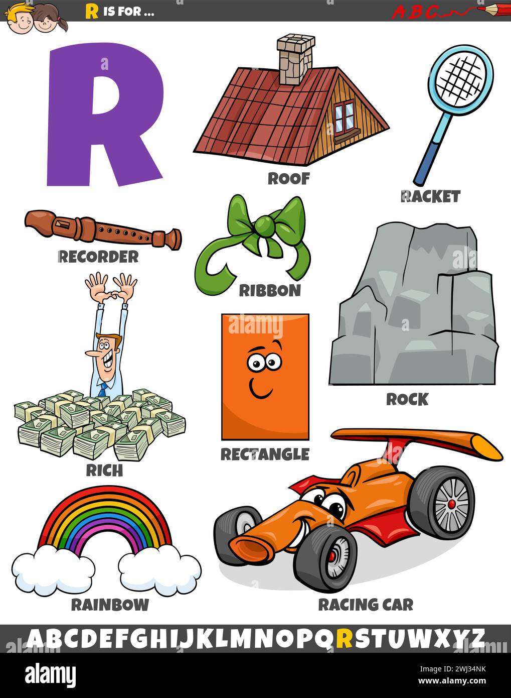Cartoon illustration of objects and characters set for letter R Stock ...