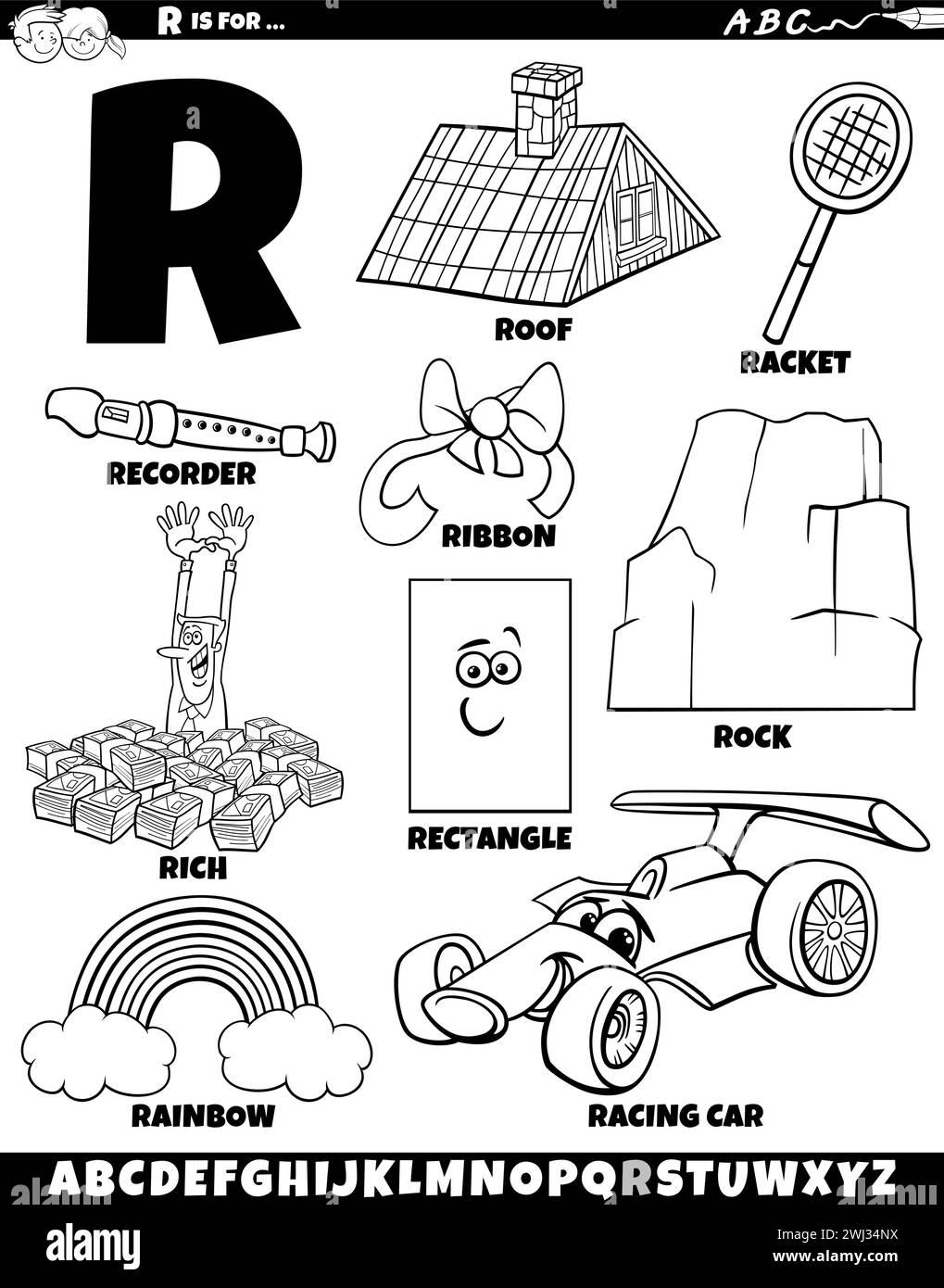 Cartoon illustration of objects and characters set for letter R ...