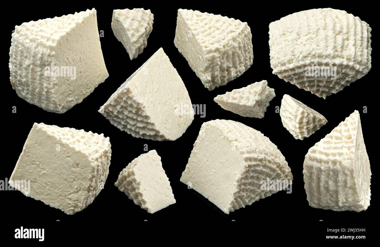 Fresh ricotta slices, homemade organic white cottage cheese on black ...