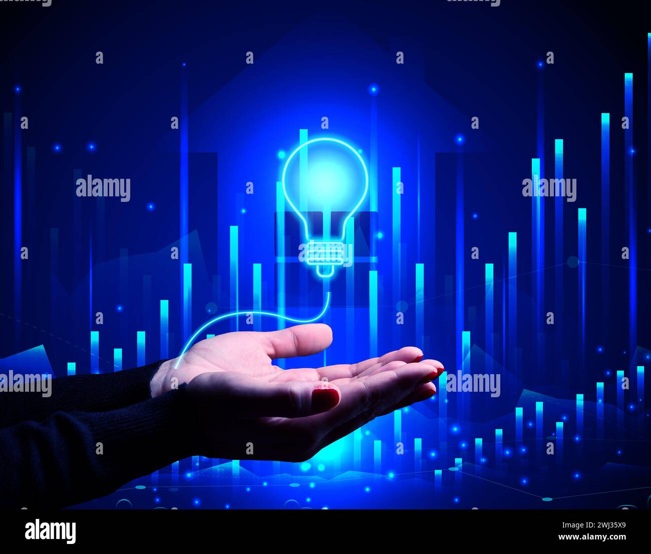 Two hands and a neon light bulb against a graph background ...