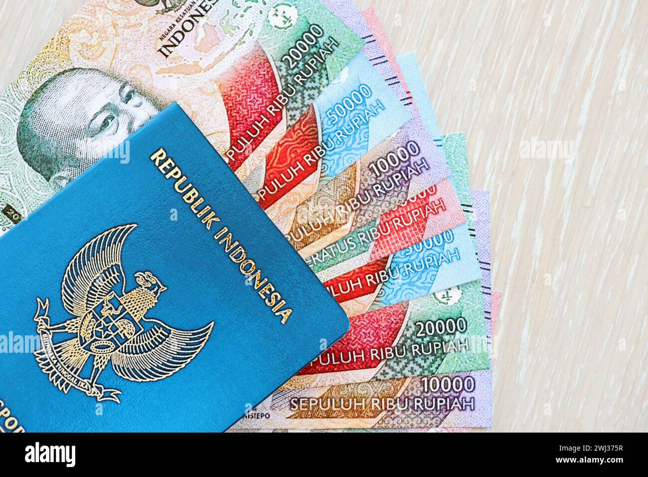 Indonesia passport and many indonesian rupiah currency money bills ...