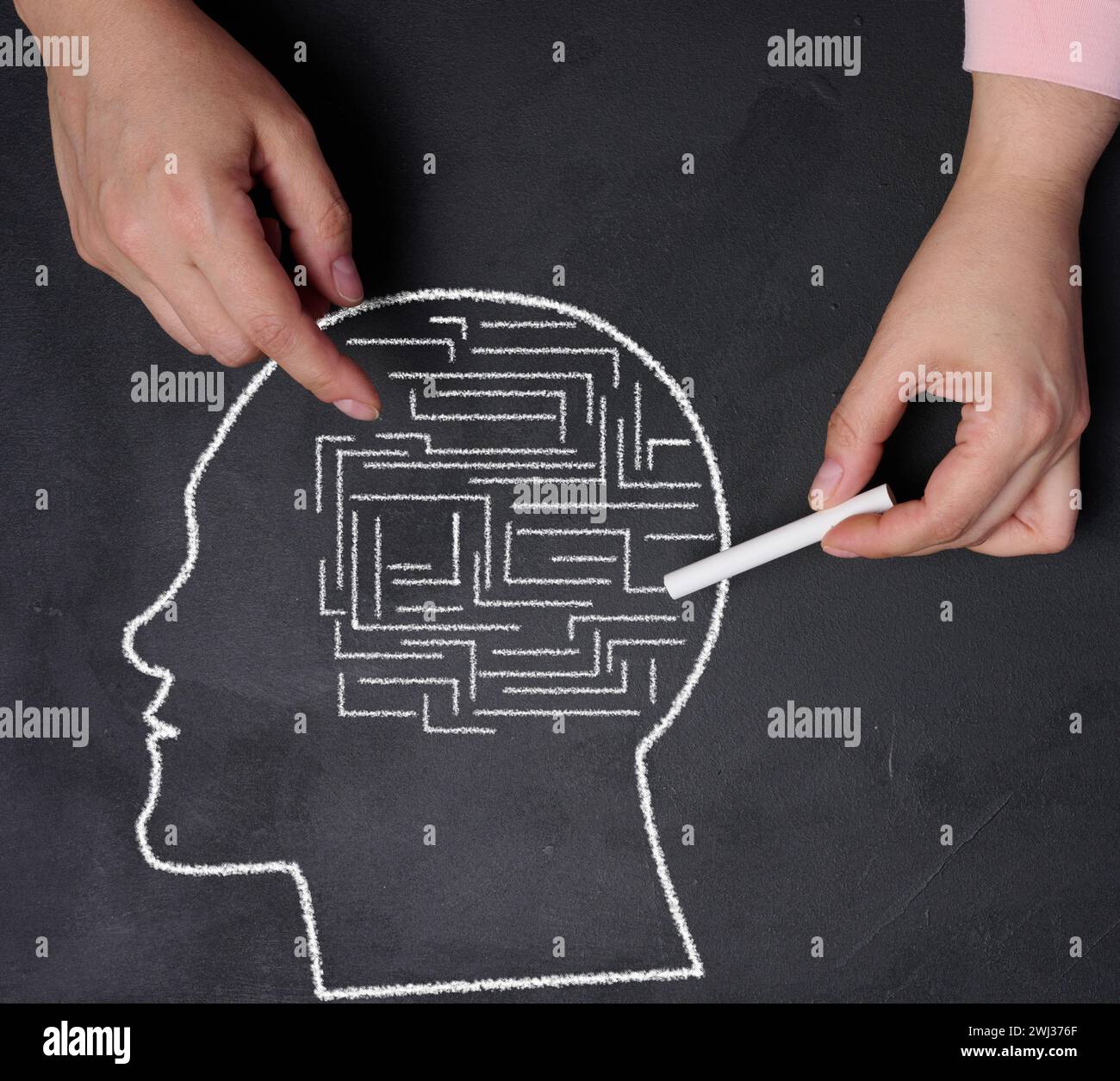 Chalk drawn silhouette of a human head and a labyrinth. Mental health ...