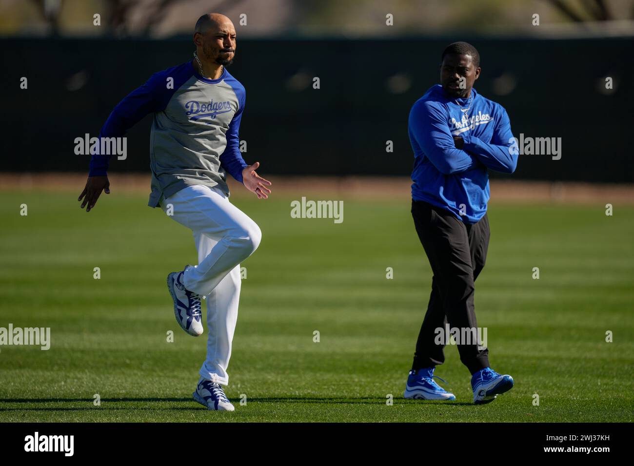Los Angeles Dodgers' Mookie Betts works with a trainer during spring ...