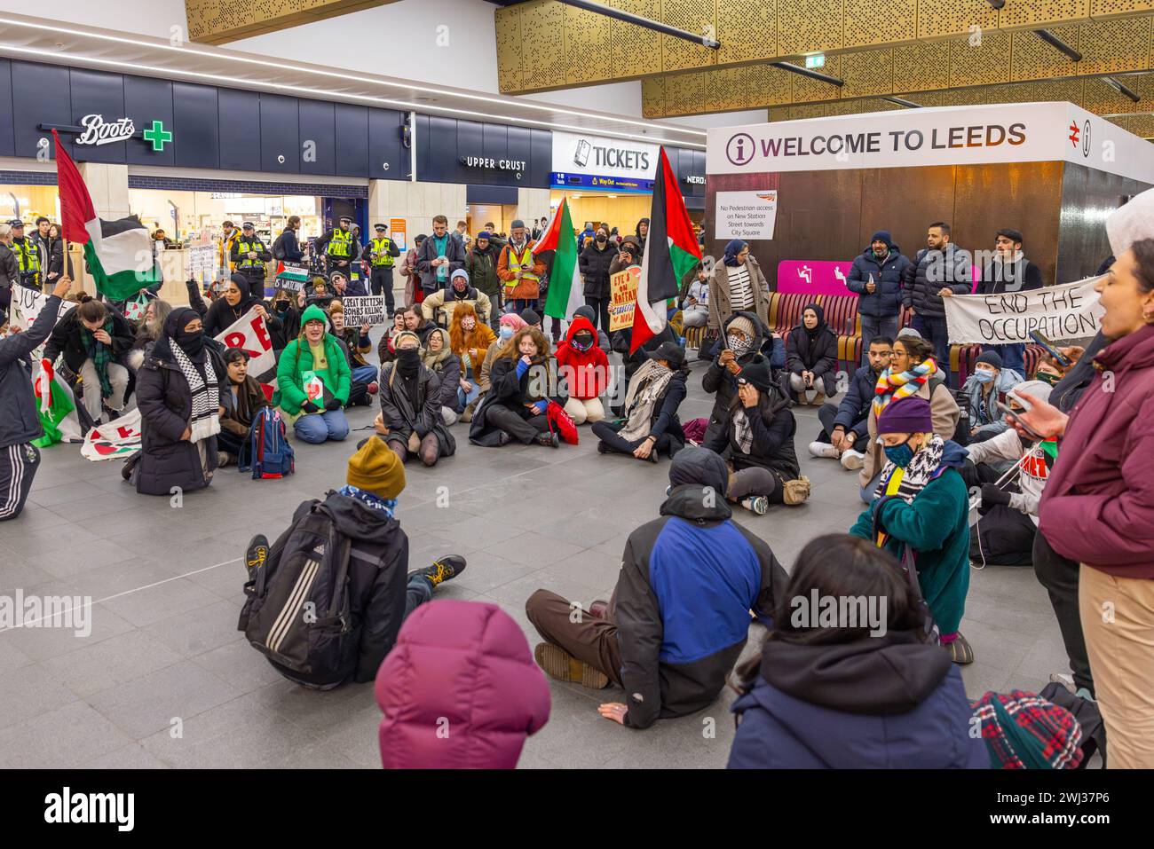 Leeds, UK. 12 FEB, 2024. Gathered pro palestine protestors gather and ...