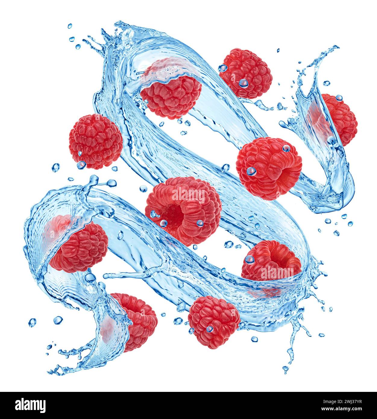 Raspberries falling with water splashes isolated on white background ...