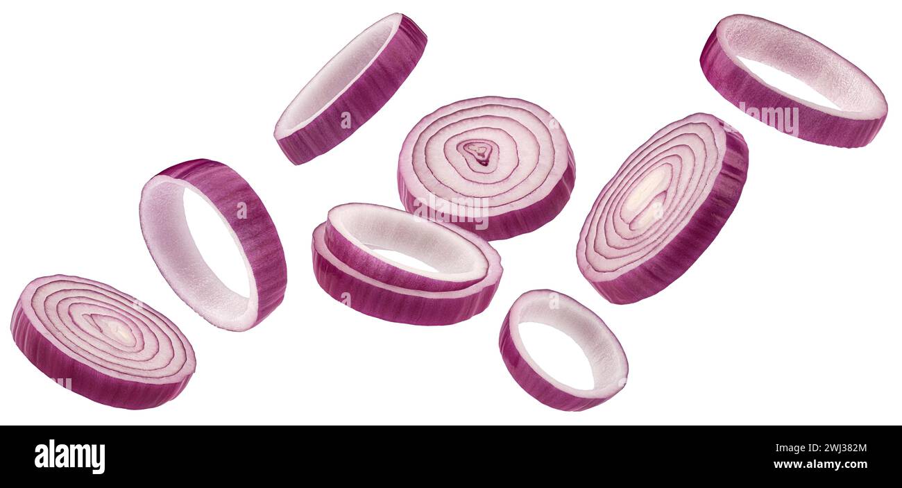 Red onion rings isolated on white background Stock Photo - Alamy