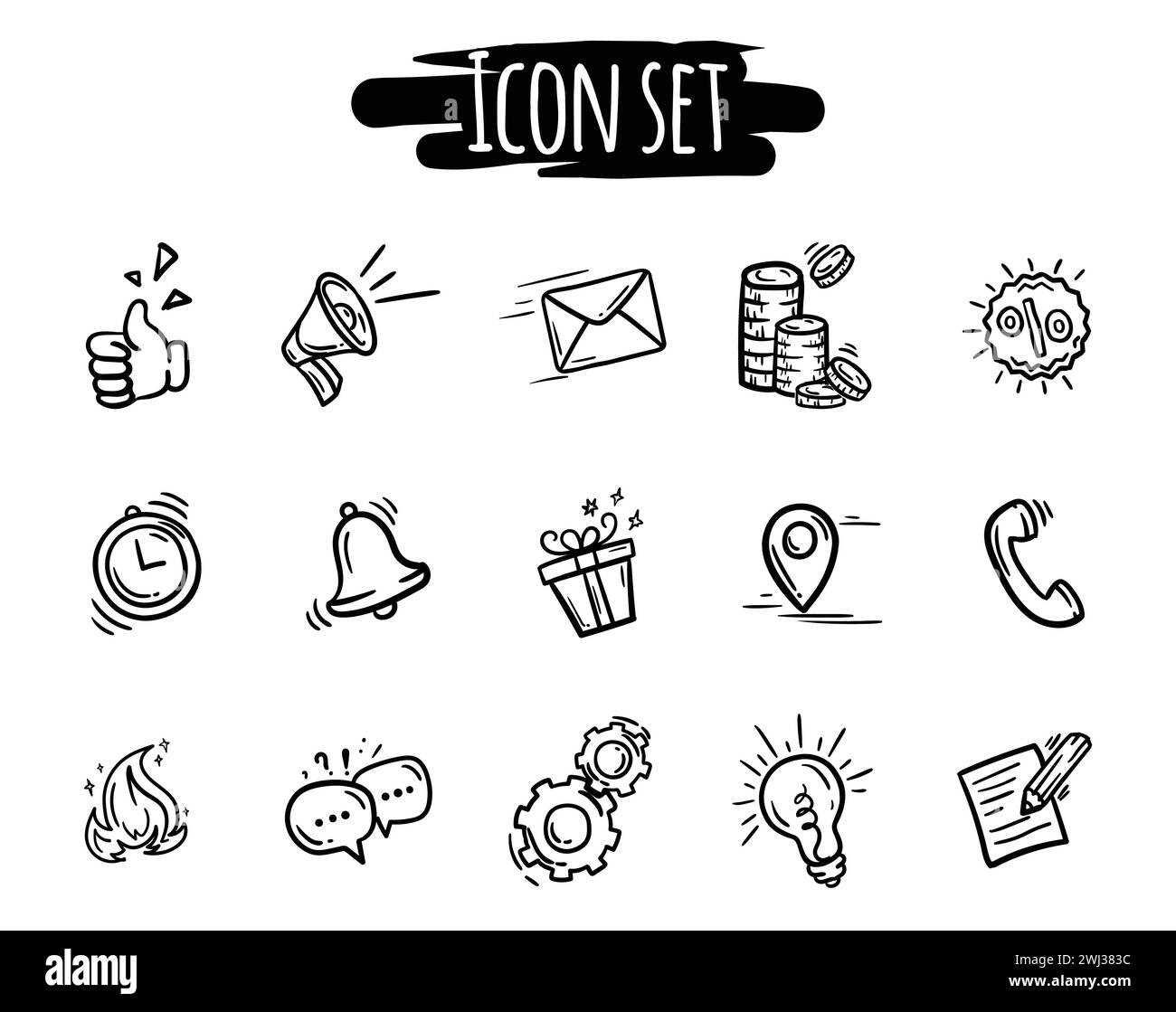 Vector hand drawn set of black on white icons for mobile application ...