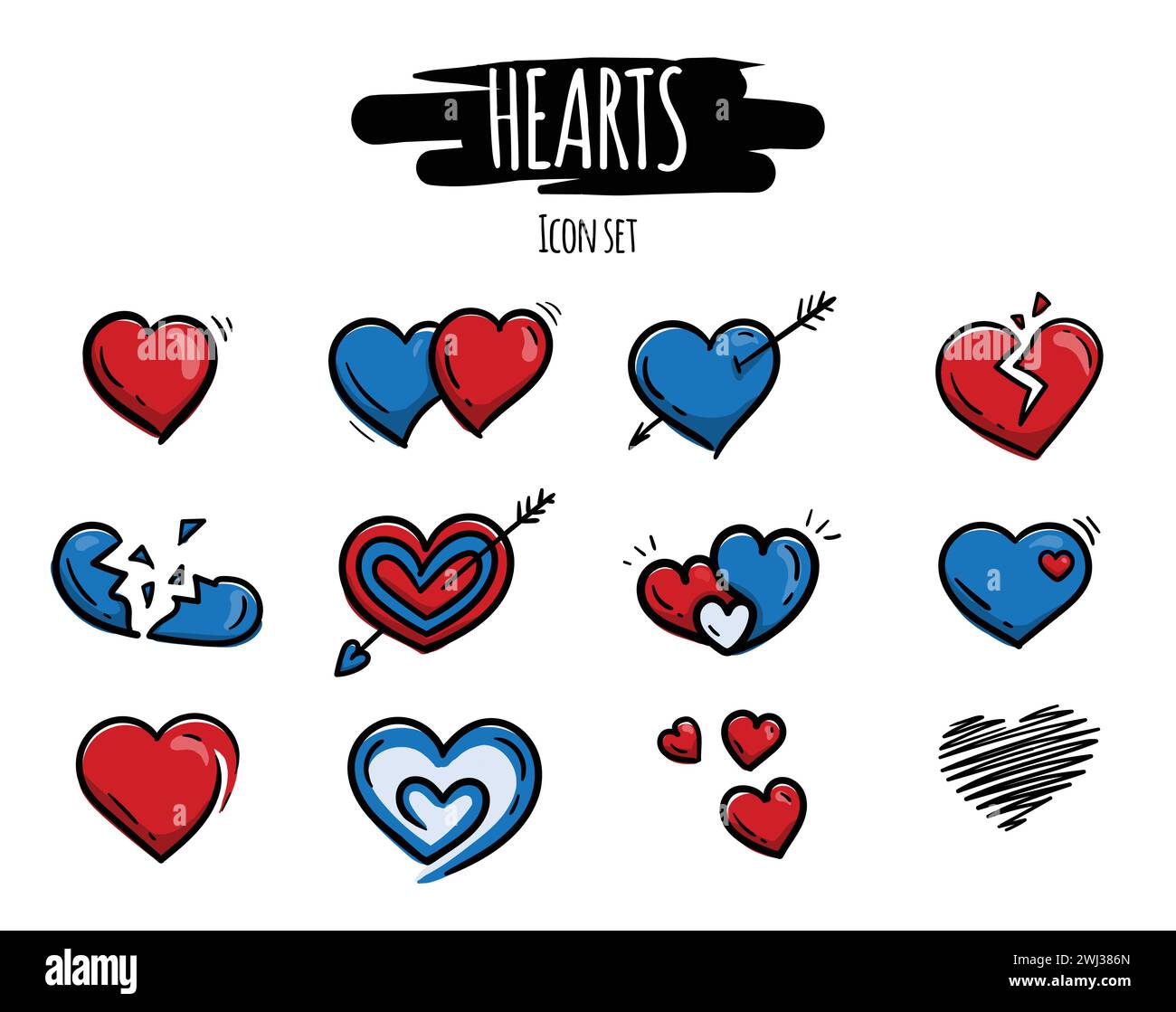 Vector hand drawn set of colored icons for Valentine's day with red and ...