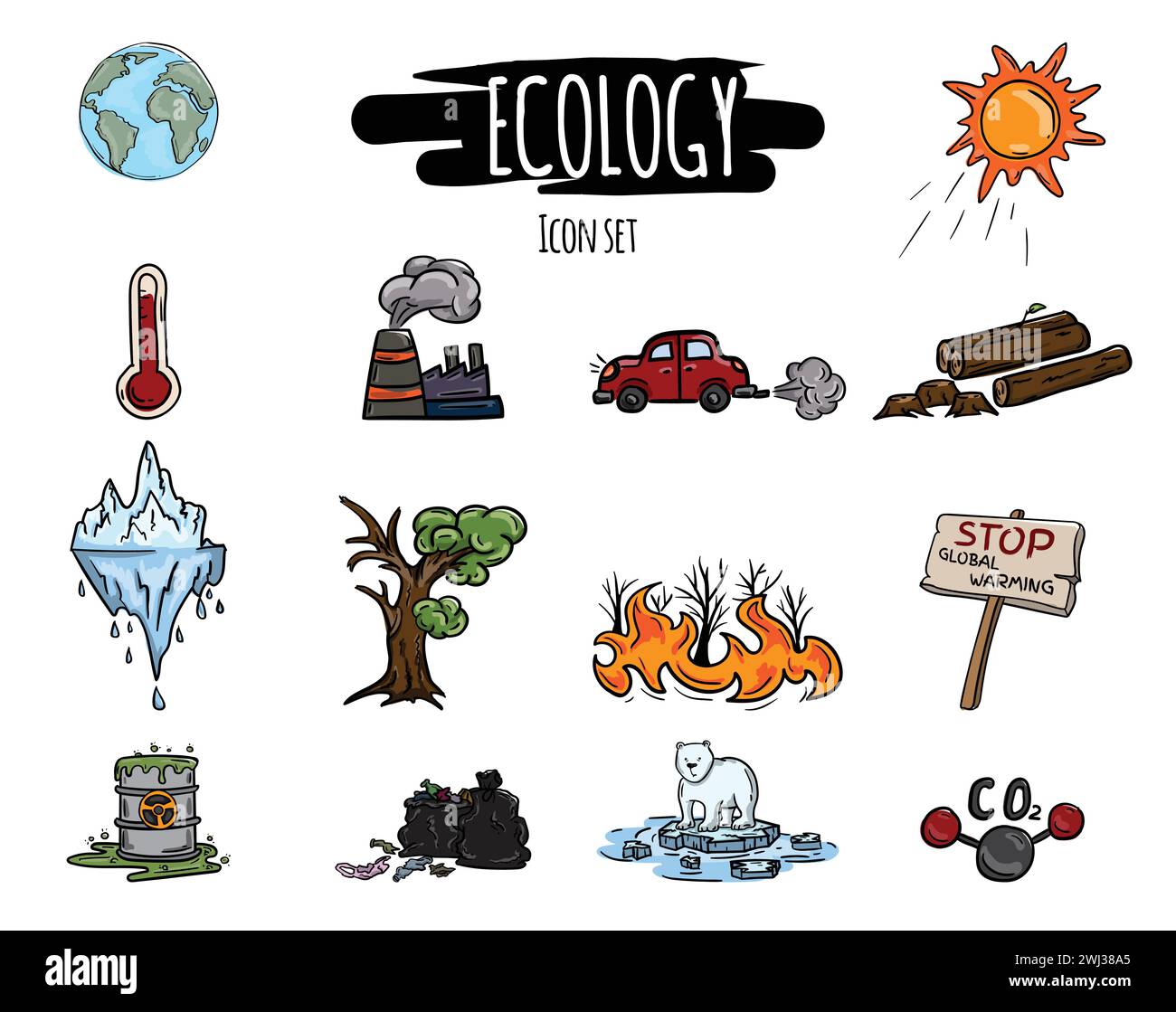 Vector hand drawn set of bright icons of ecology, global warming ...