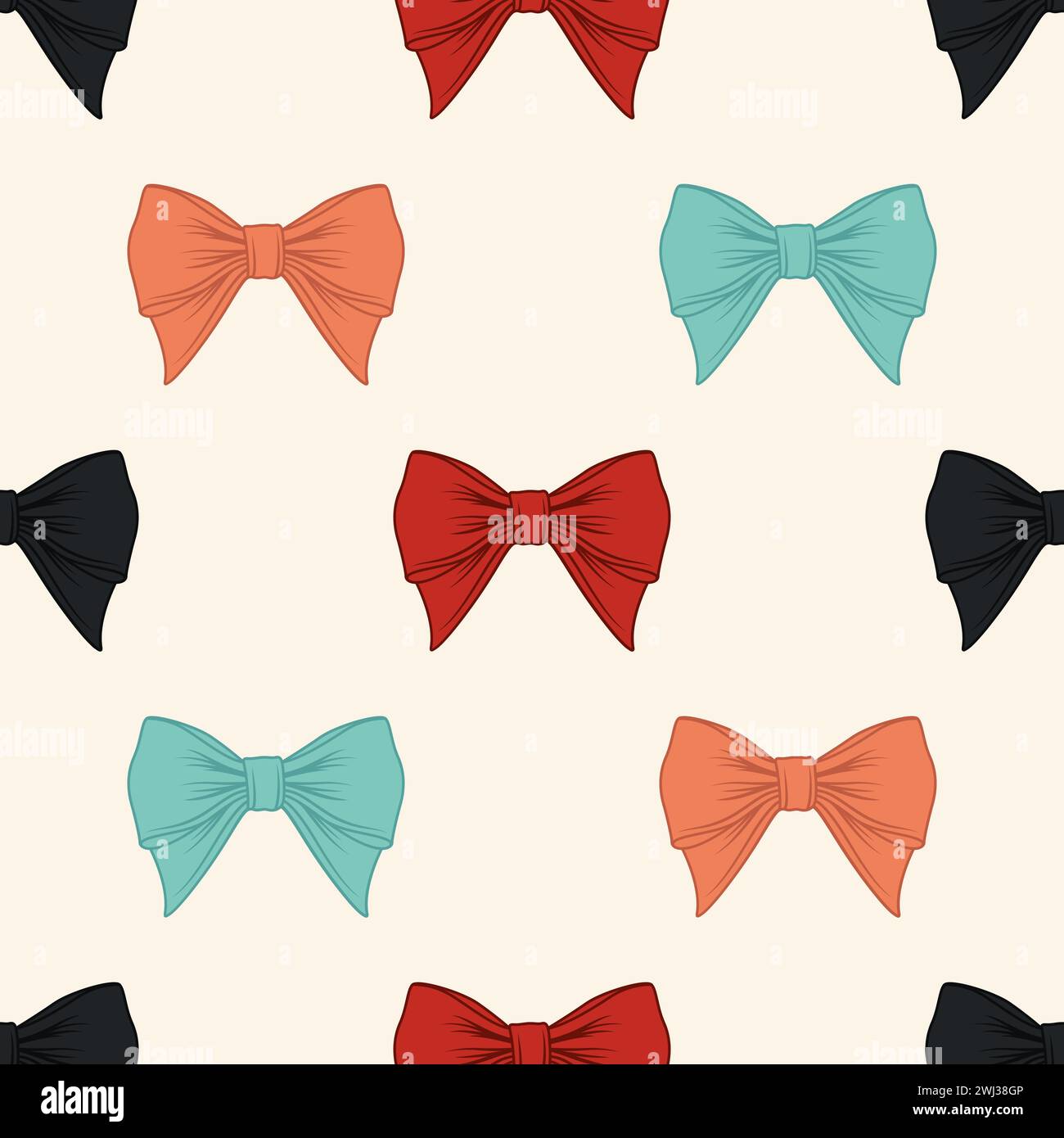 Vector Seamless Pattern with Cartoon Bow Tie or Gift Bow with Outline ...