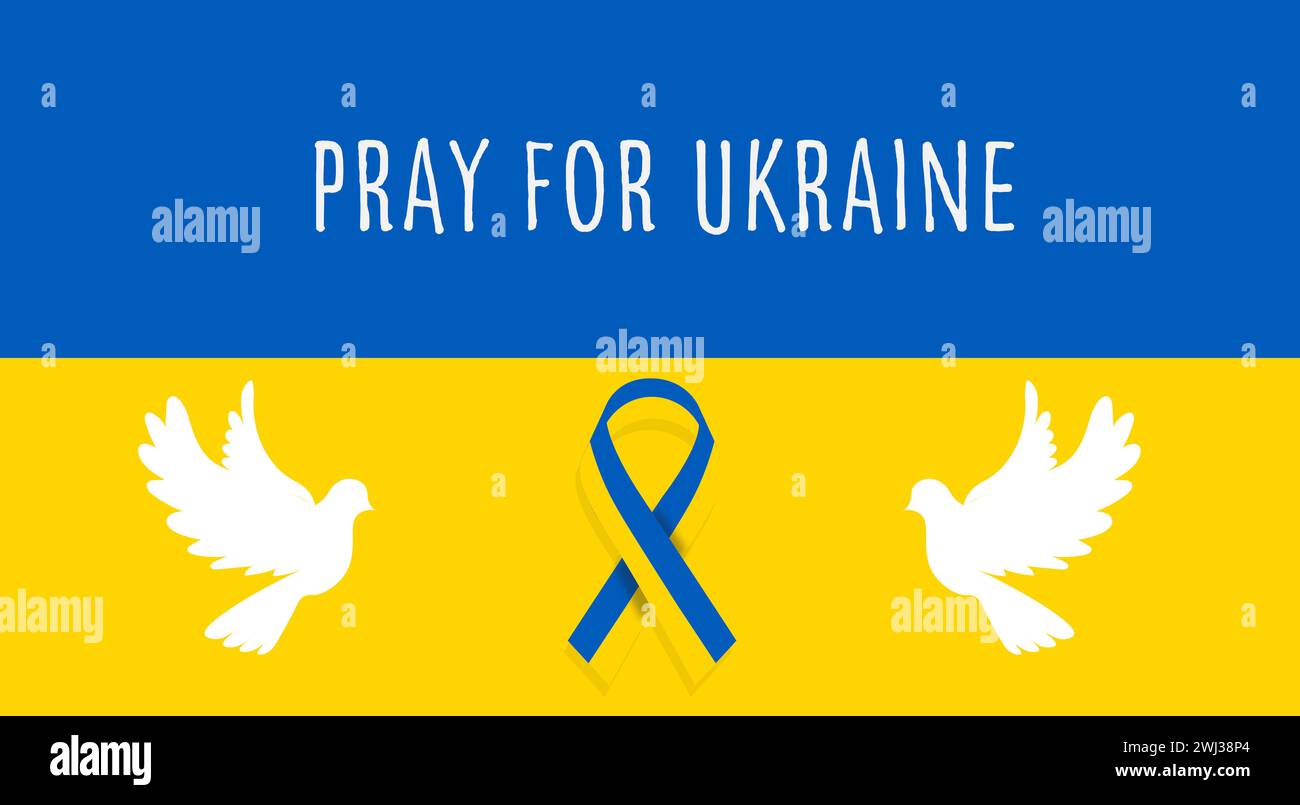 Text on Ukrainian flag Pray for Ukraine. Flying peace dove logo symbol ...