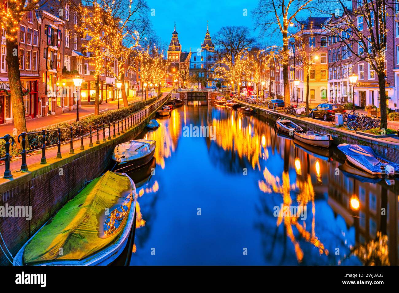 Amsterdam Netherlands canals with christmas lights during December ...