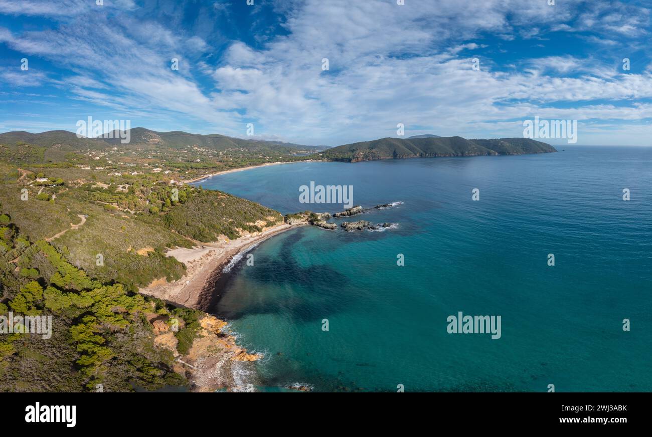 Drone view of Laconella and Lacona Beach on the island of Elba Stock ...
