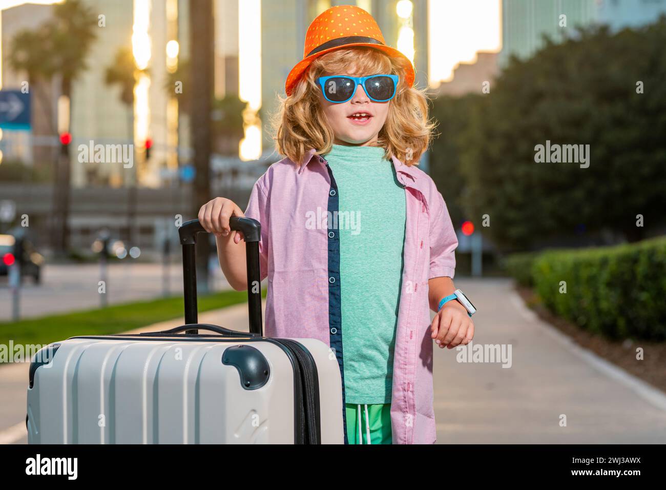 Traveler tourist kid boy 7-8 years old. Passenger traveling abroad to ...