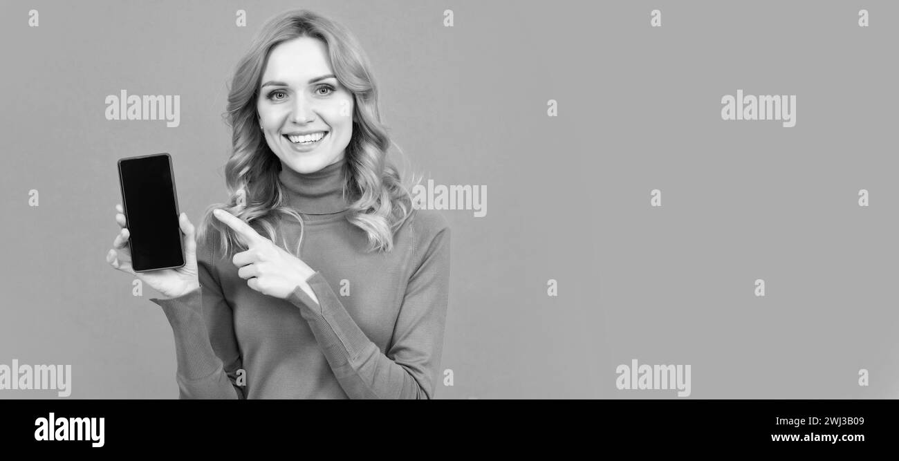 Woman portrait, isolated header banner with copy space. Woman point ...