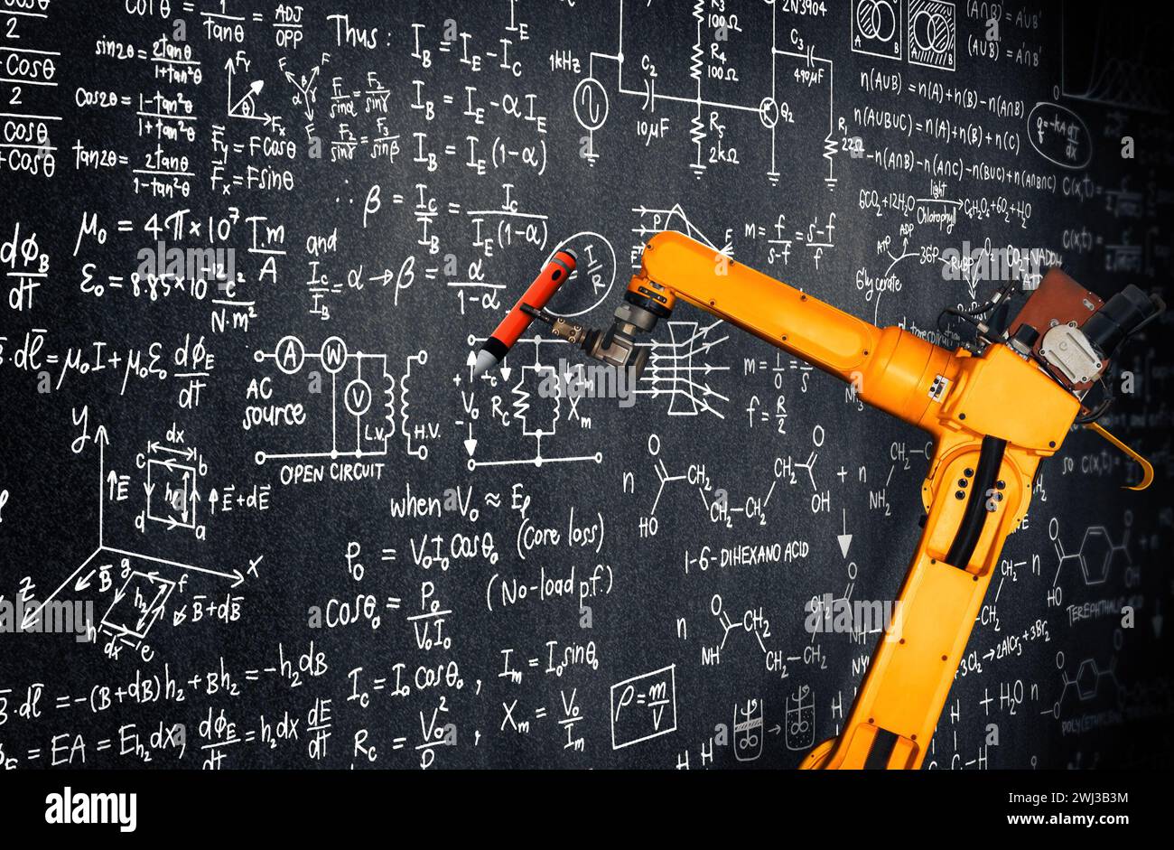 XAI Robot arm AI analyzing mathematics for mechanized industry problem solving. Concept of ...