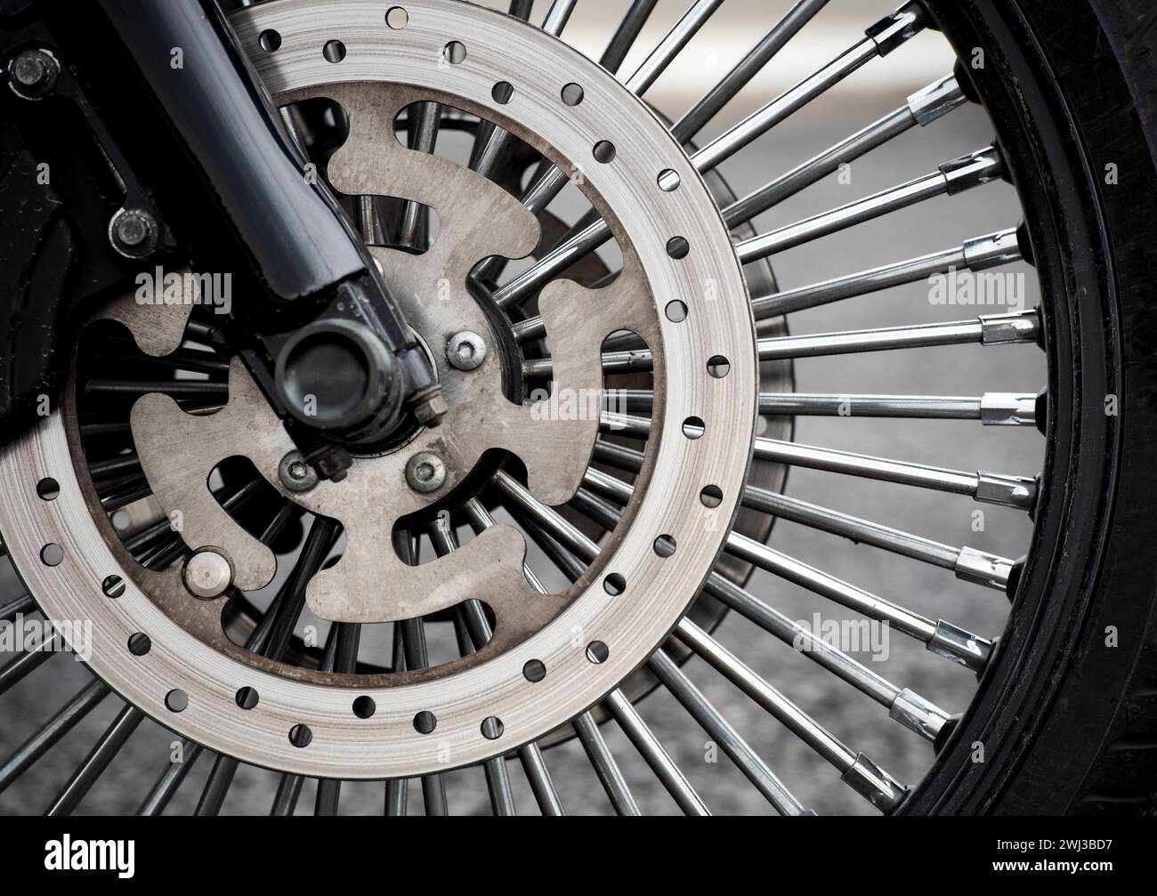 Motorbike front wheel close-up, outdoor on street. bike riding. Close ...