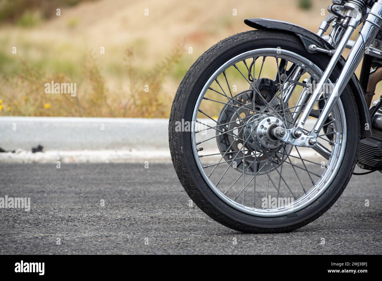 Motorbike front wheel close-up, outdoor on street. bike riding. Close ...