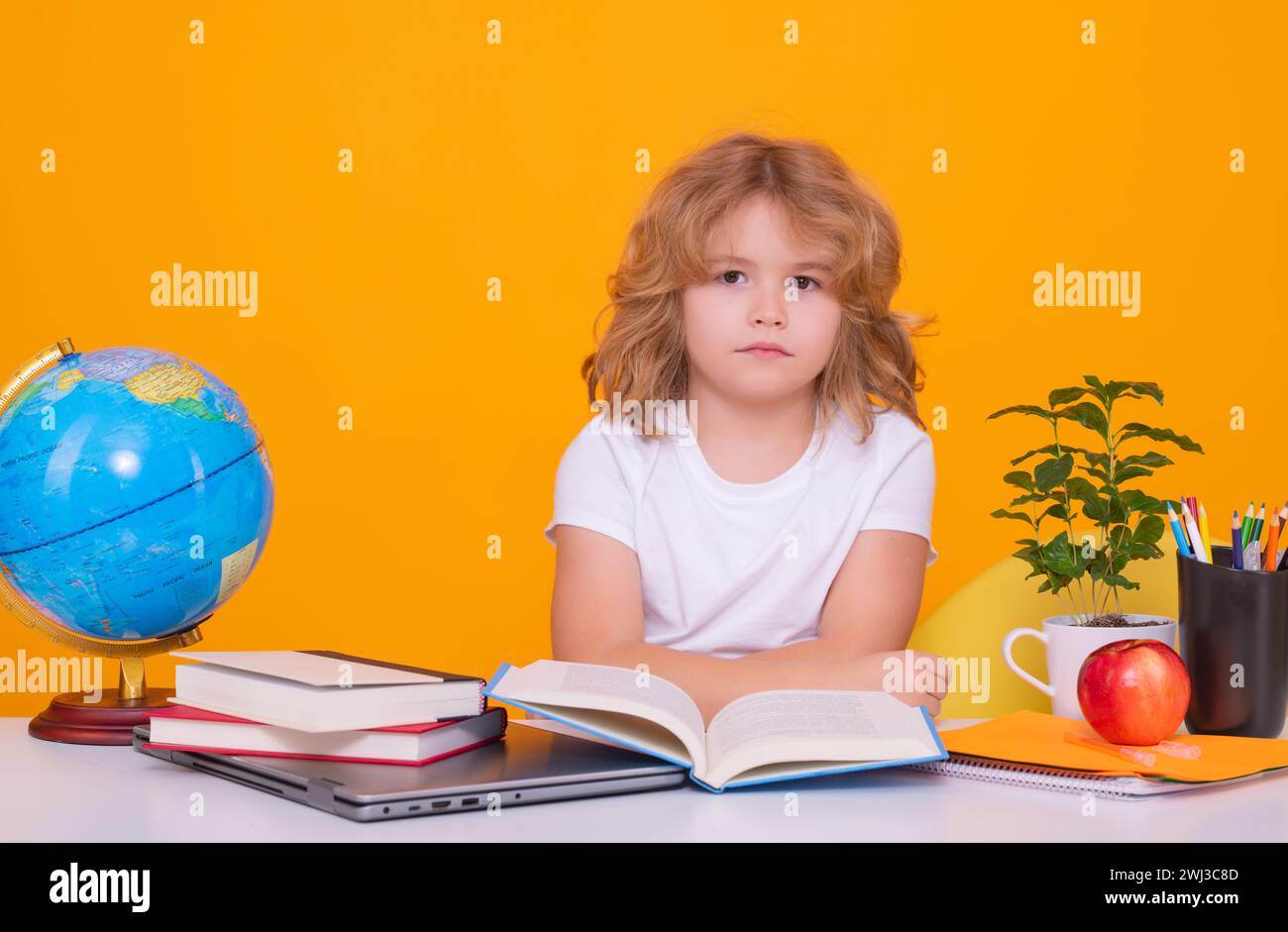 Nerd pupil boy from elementary school with book isolated on yellow ...