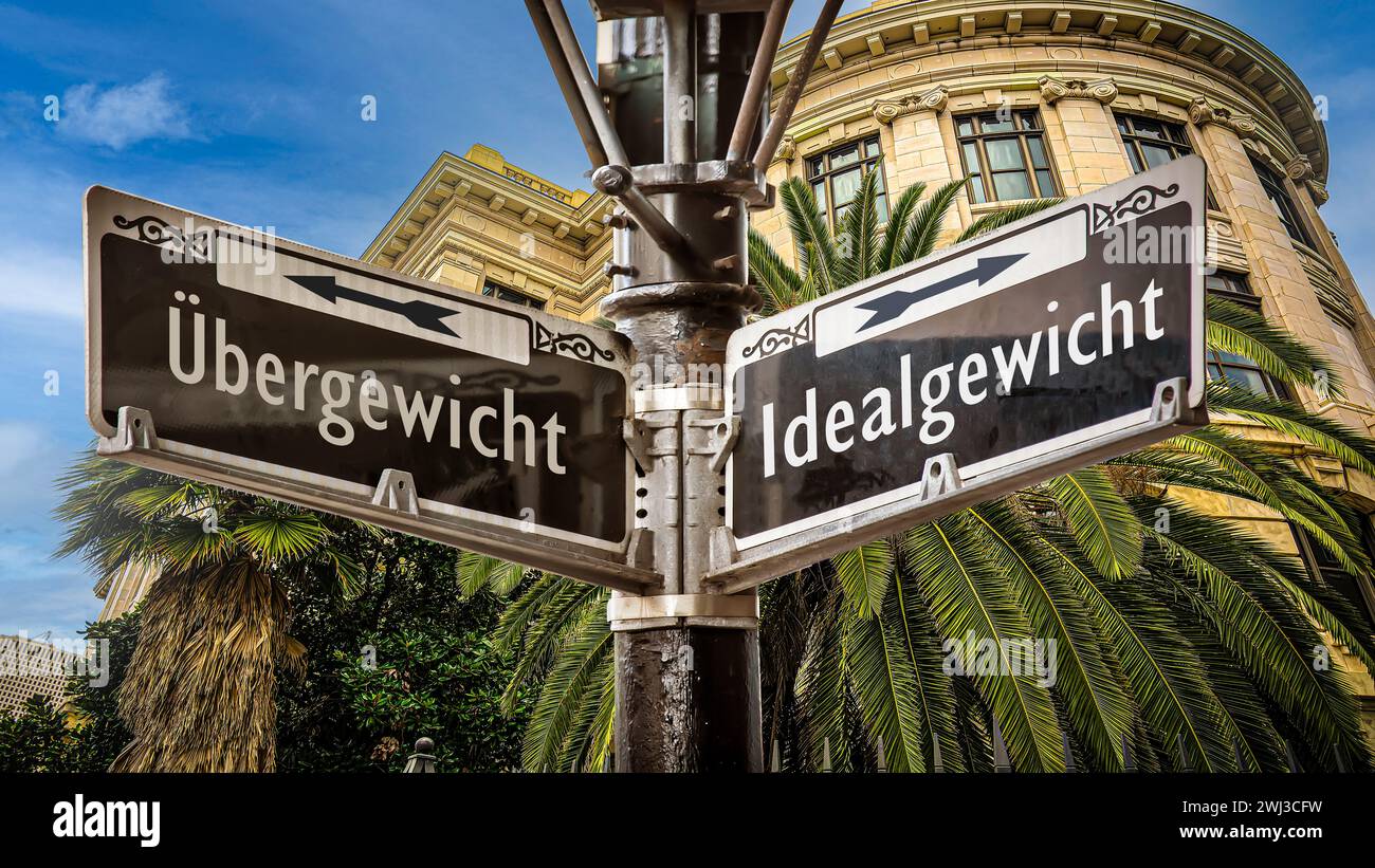 Signposts the direct way to ideal weight versus overweight Stock Photo ...