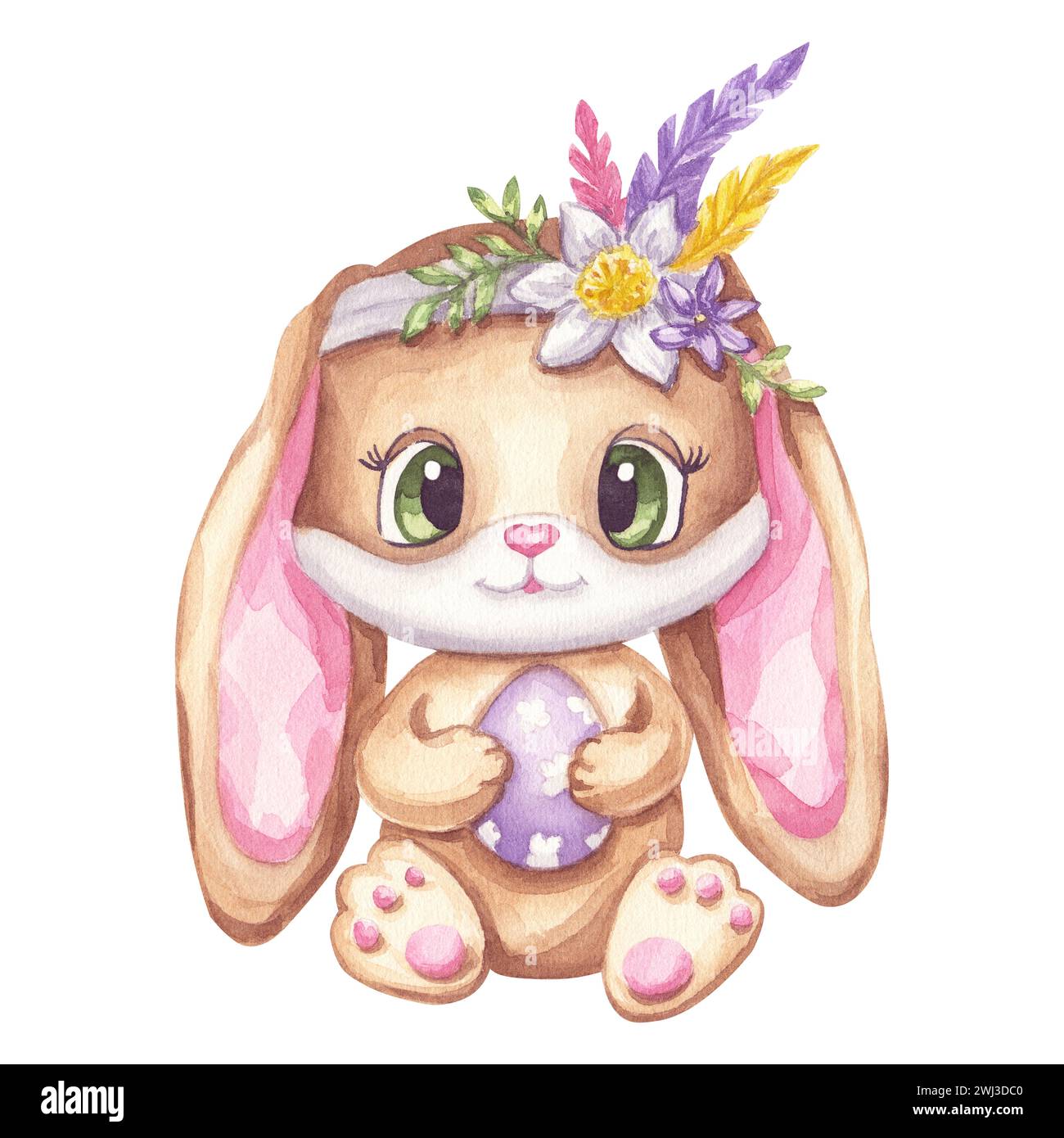 Happy Easter 2024 bunny with flowers, leaves, feathers. Egg hunt ...