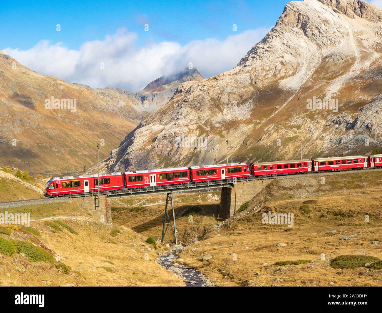 Bernina, Switzerland - October 15th 2023: Red train of Rhaetian railway ...