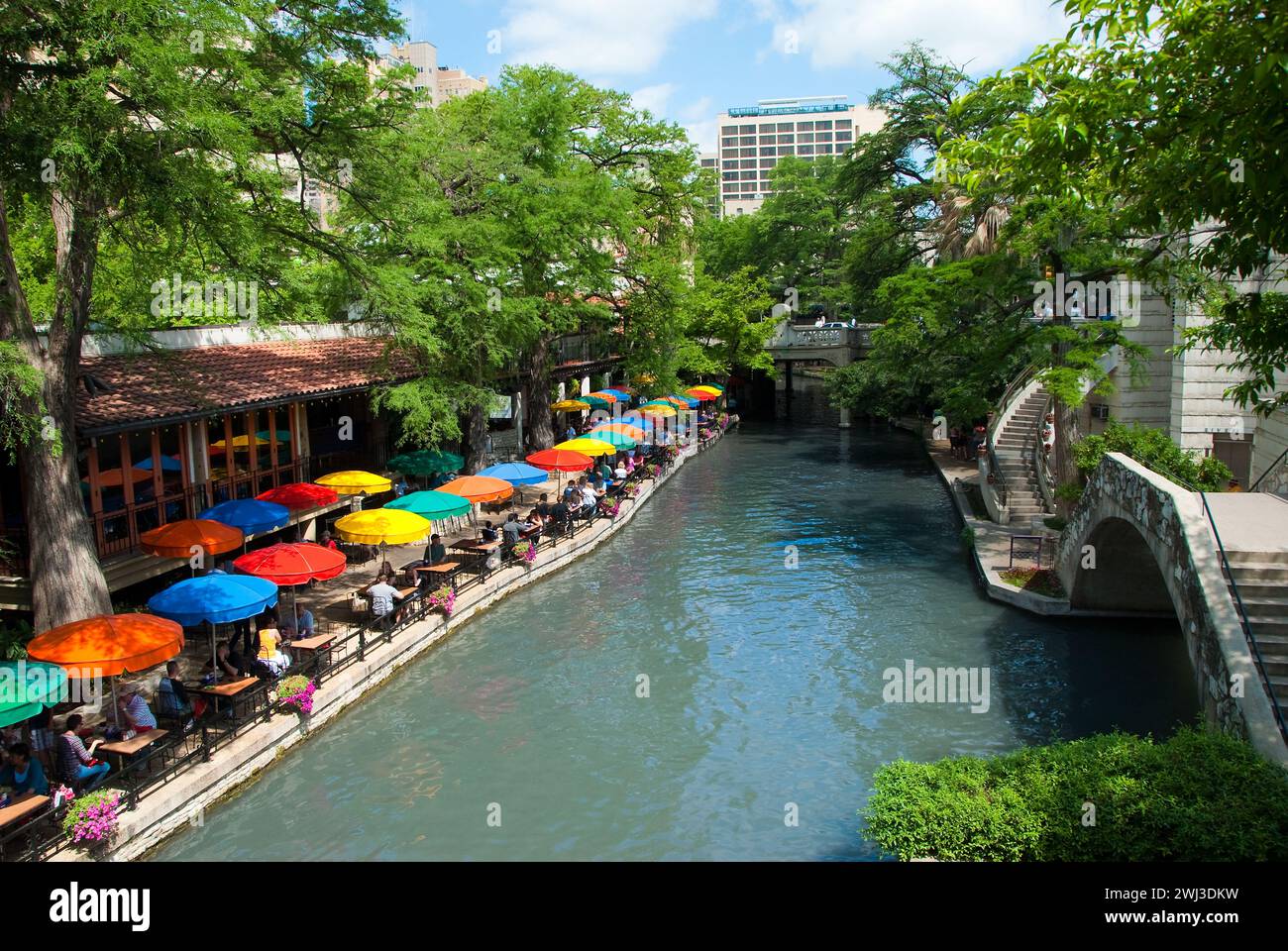 restaurants line the River Walk on Paseo de Rio in downtown San Antonio ...
