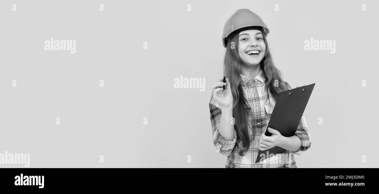 building and construction. happy child worker wear hardhat hold ...
