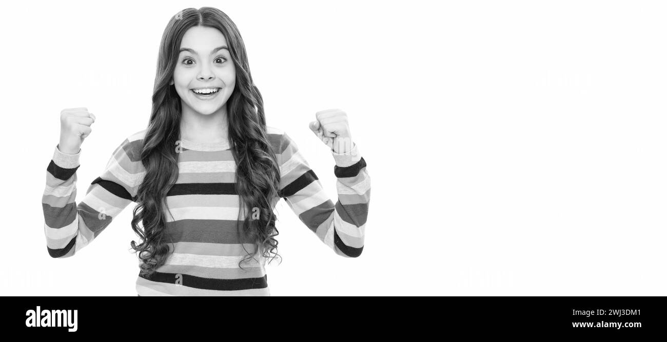 Happy kid smile making winning hand gesture isolated on white, winner ...