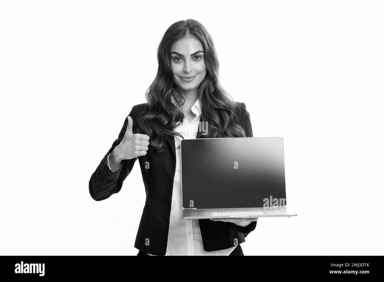 Portrait of positive cheerful ceo expert business woman work at laptop ...