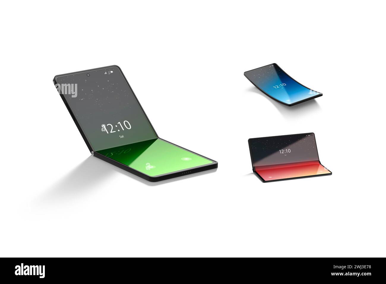 Turned on flexible clamshell phone display mockup, different views, 3d ...