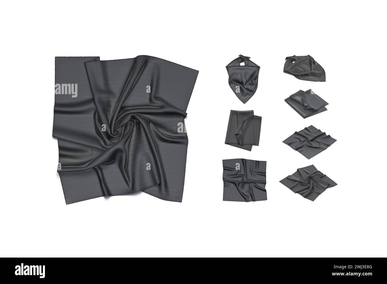 Blank black twill silk scarf mockup, different types, 3d rendering ...