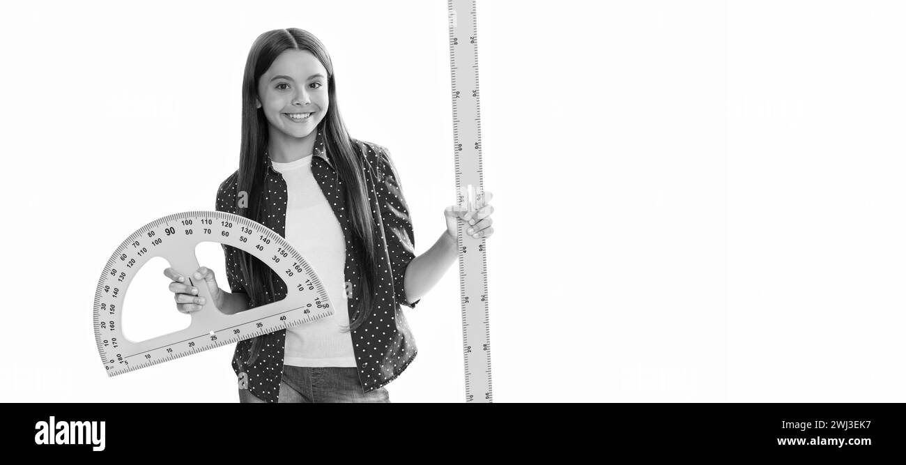happy teen girl hold protractor ruler study math at school isolated on ...