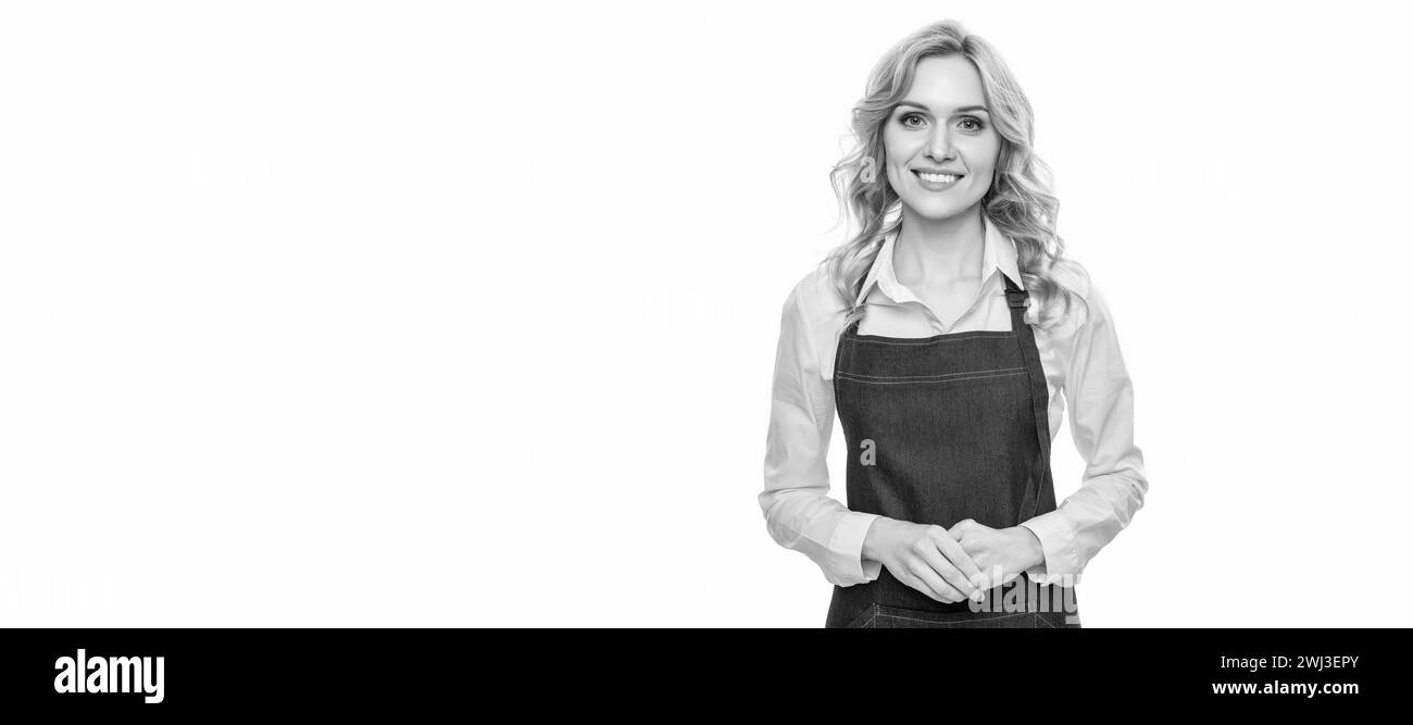 happy bartender woman in apron isolated on white background. Woman ...