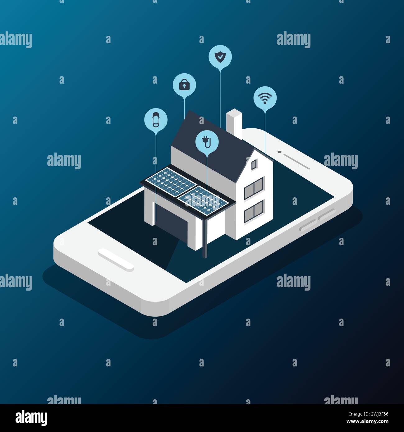 Smart home control by smartphone. Wireless wi-fi connection and house ...