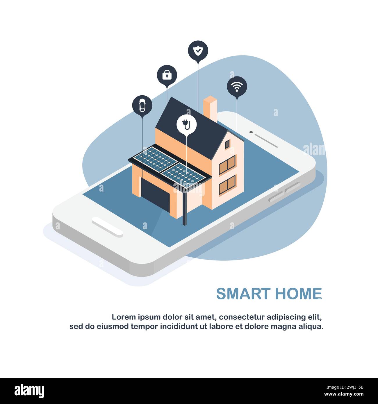 Smart home control by smartphone. Wireless wi-fi connection and house ...